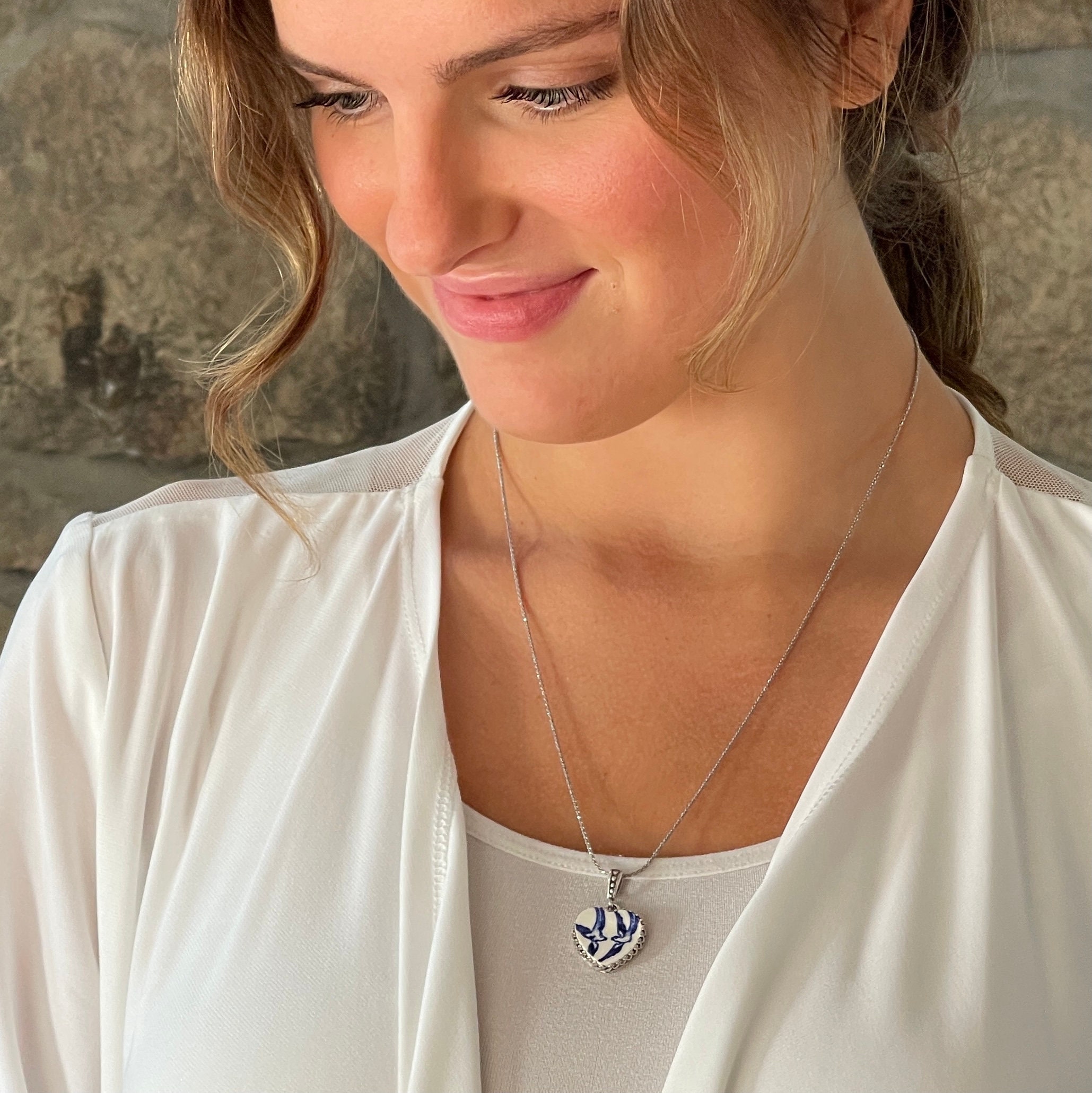 Blue Willow Love Birds Heart Necklace, Broken China Jewelry, 20th ...