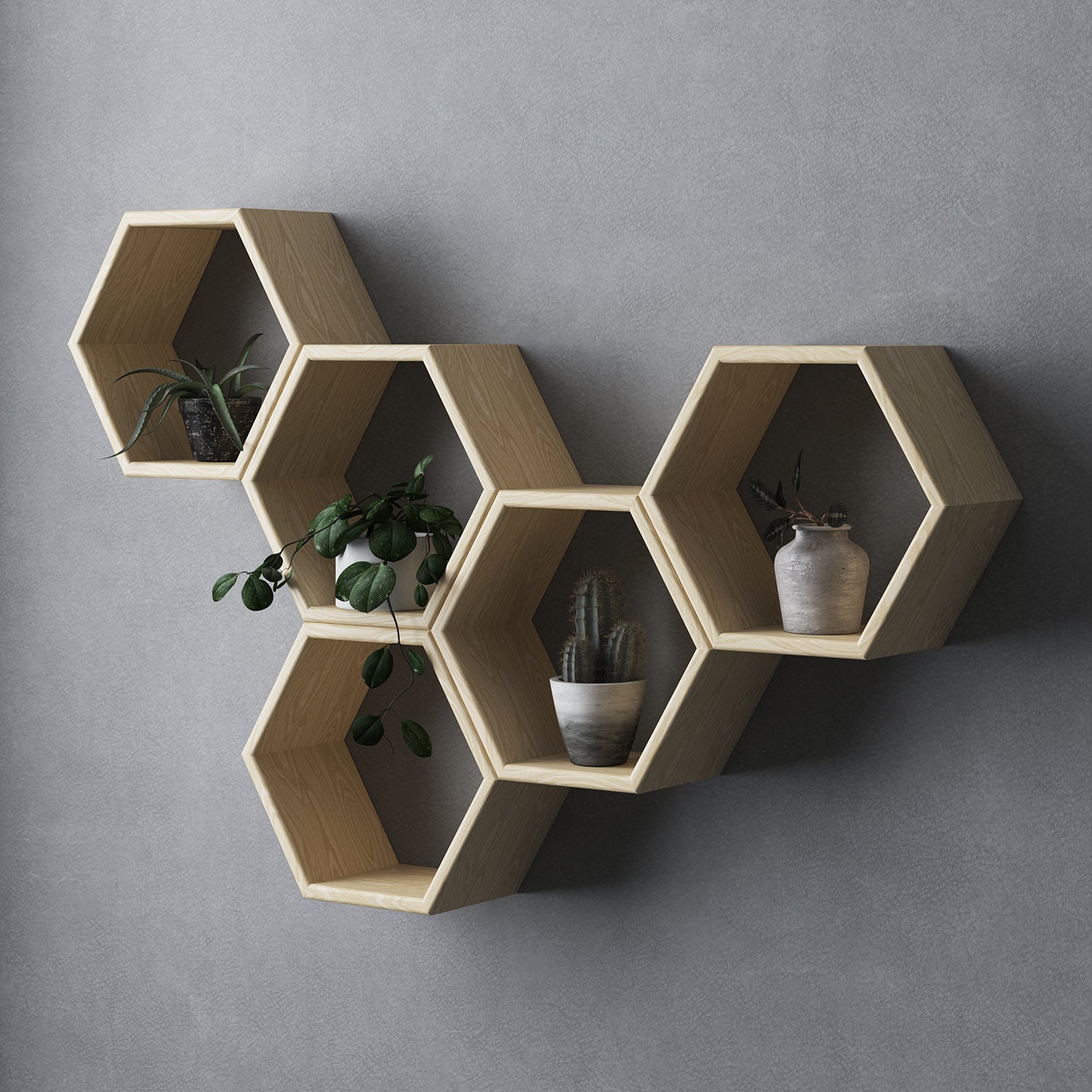 Natural Pine Hexagonal Shelves Set of 5 - Minimalist Hexagonal ...