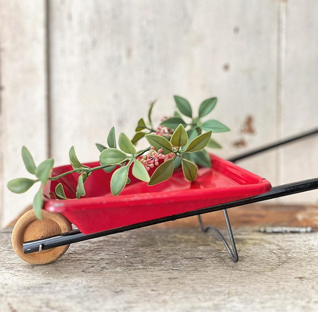 Antique Red Metal Wheelbarrow Childs Toy Wood Wheel Vintage Garden ...