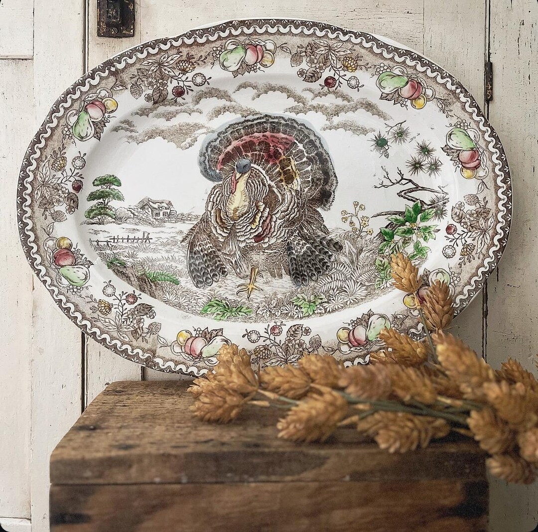Vintage Thanksgiving Holiday Turkey Transferware Serving Platter Plate ...
