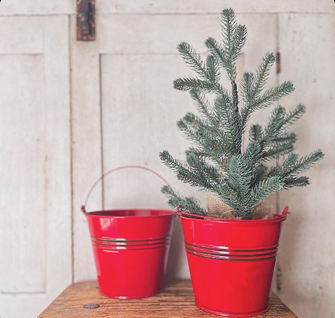 Vintage Tin Metal Bucket Pail With Handle Red With Green Stripes Made ...