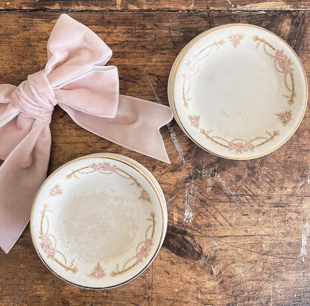 Antique Pink Roses Floral Butter Pats Set of Four Gold Rim Farmhouse ...