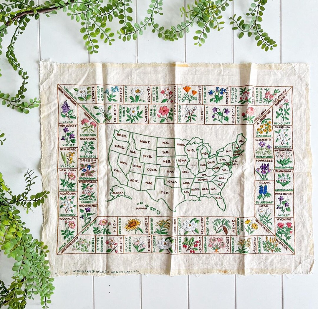 Vintage United States Embroidered Map State Flowers Sampler Geography ...