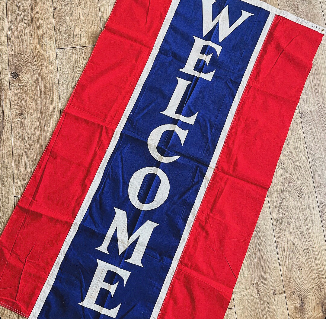 Vintage WELCOME Flag Banner Bunting Red White Blue Dettras Everwear ...