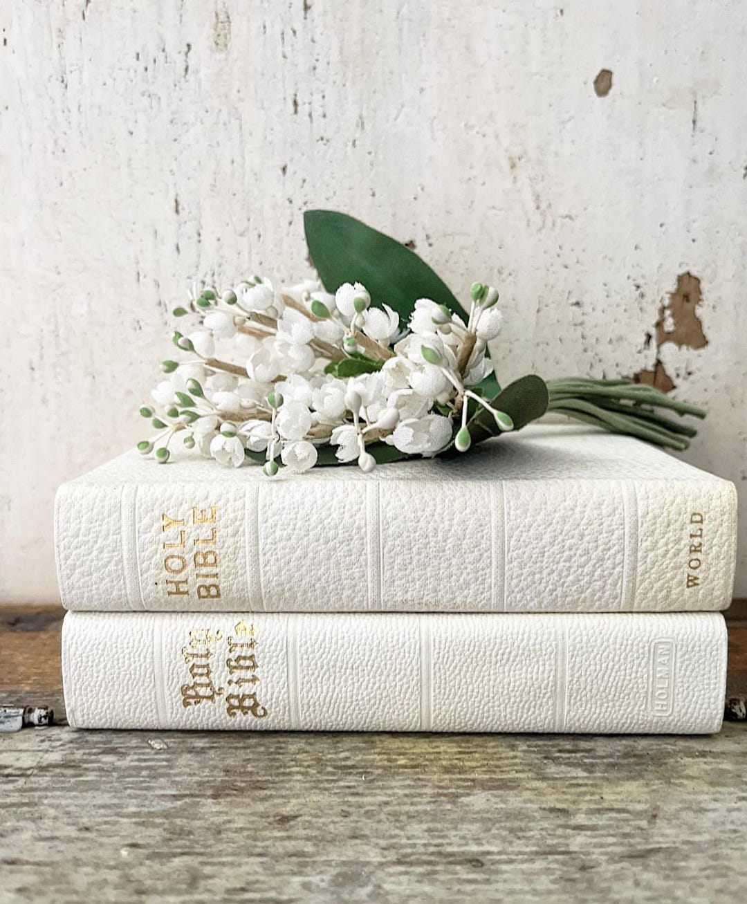 Pair of Vintage Religious White Holy Bibles Bible Prayer Books Church ...