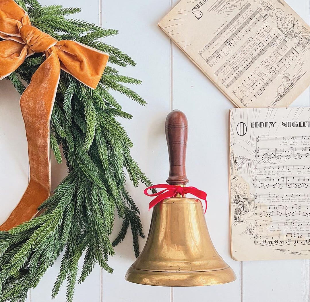 Antique Large Brass Christmas Bell Wood Handle Vintage Holiday Decor ...