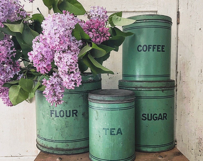 Vintage Antique Canister Set Metal Tin Coffee and Tea Depression Era ...