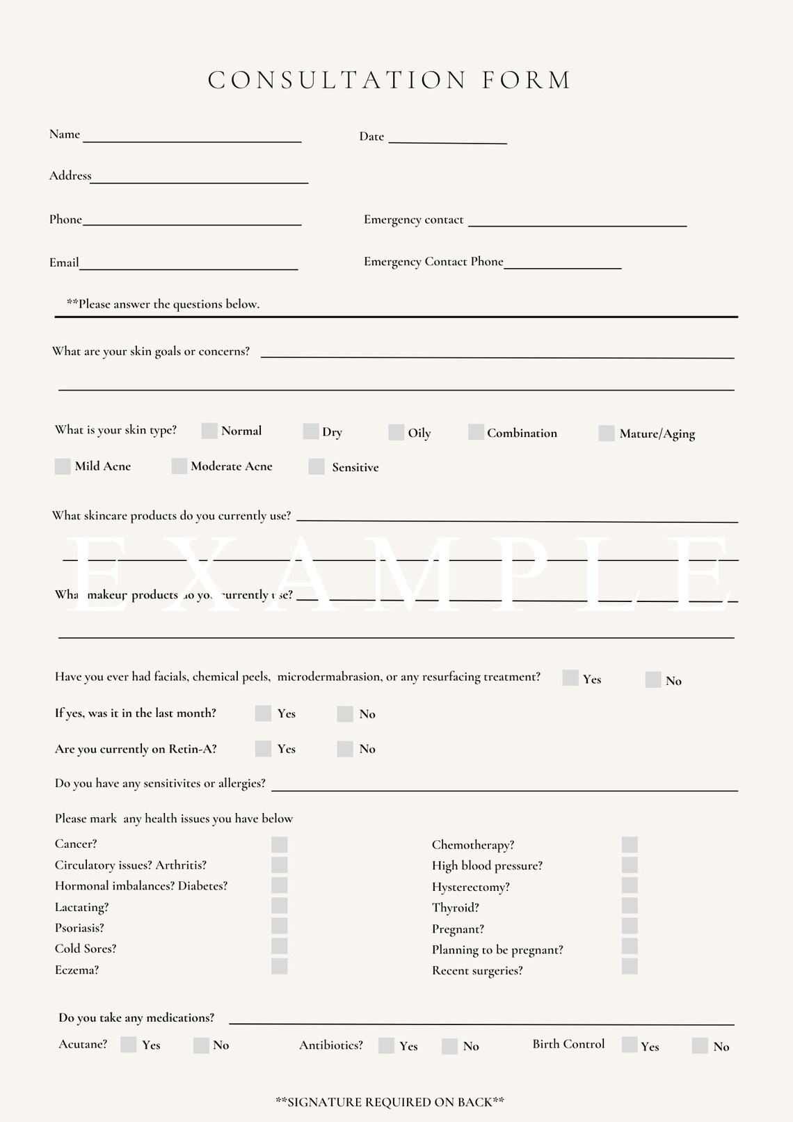Digital and Printable Consultation Form for Estheticians - Etsy