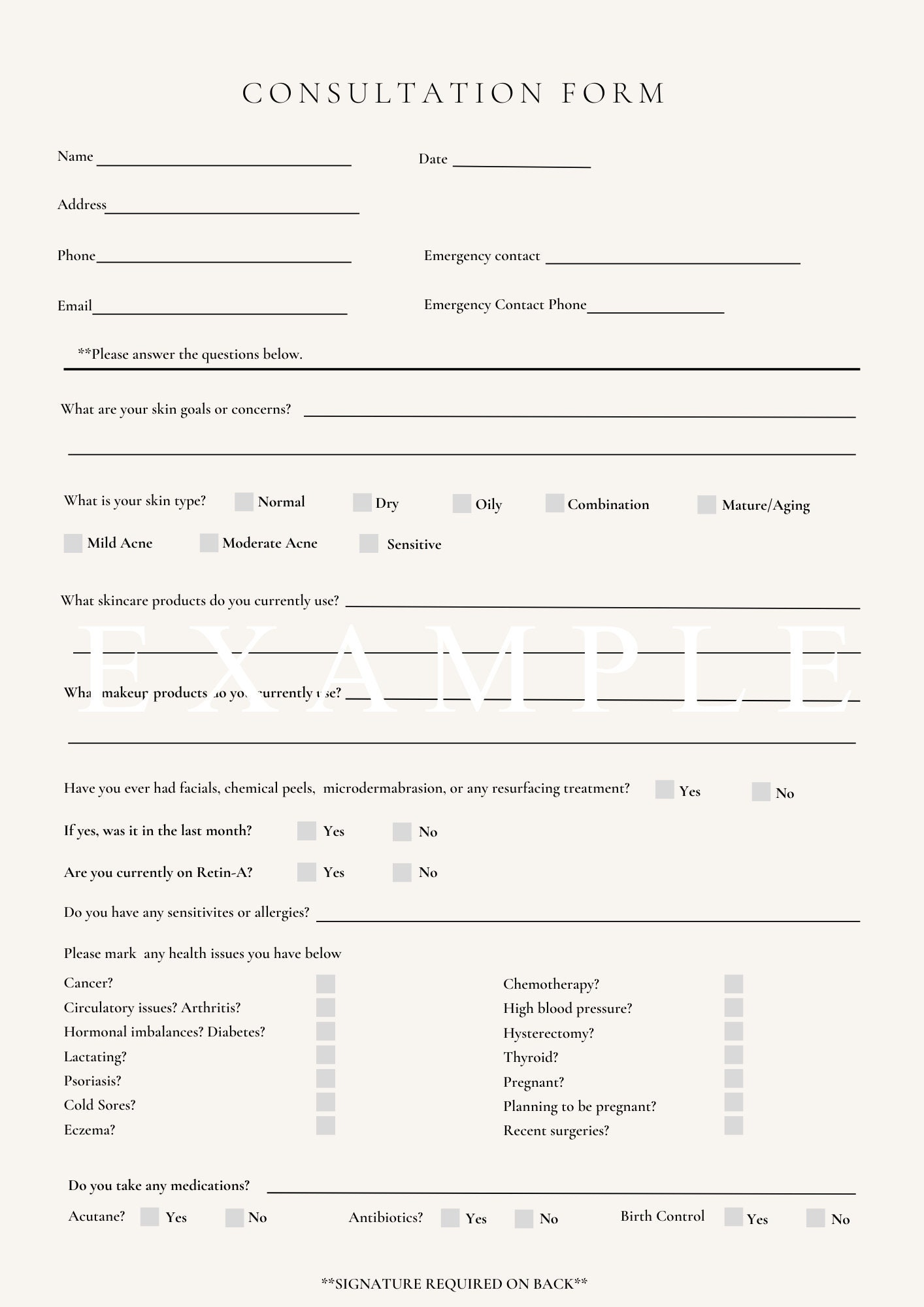 Digital and Printable Consultation Form for Estheticians - Etsy