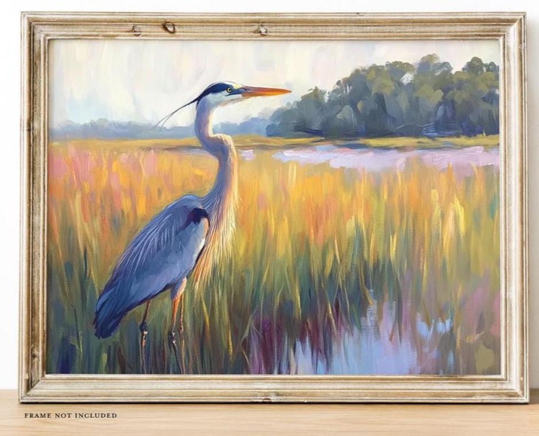 FINE ART PRINT Blue Heron Marsh Painting, Marsh at Sunset, Bird Oil ...