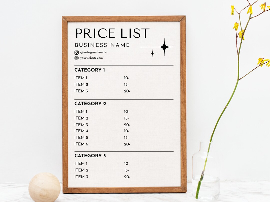 Printable Price List, Editable Price List, Pricing Sign, Price List for ...