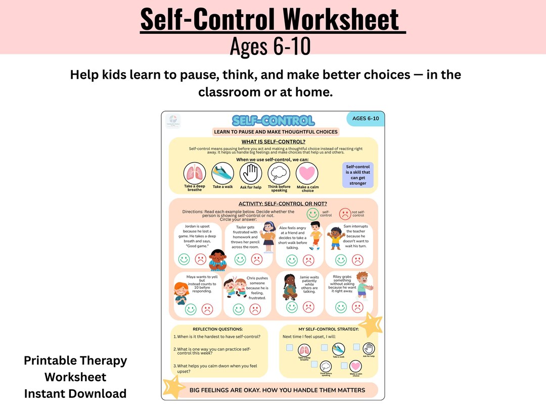 Self-control Worksheet Kids Ages 6–10 | Printable SEL Activity ...
