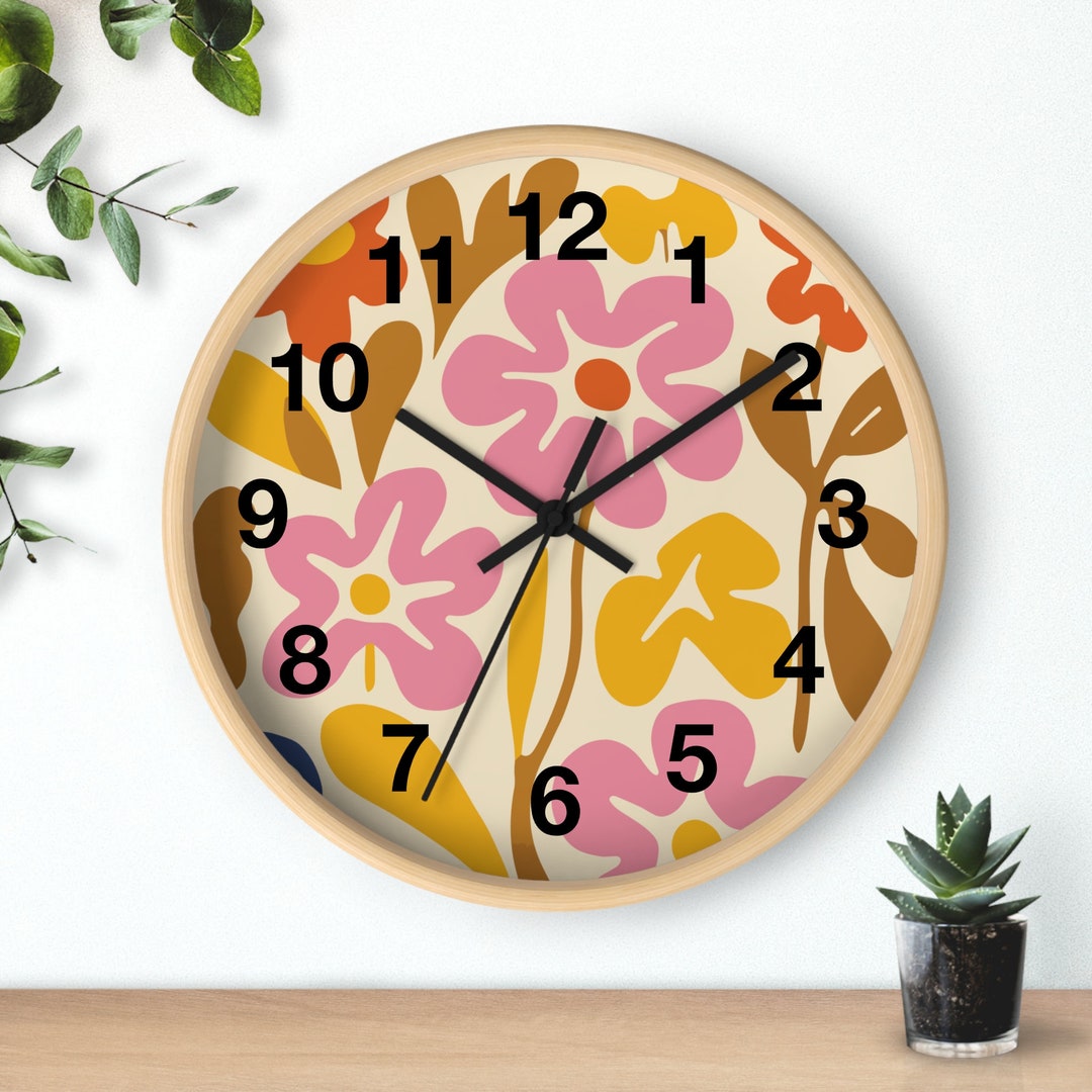Tan and Pink Flower Clock Pretty Floral Wall Clock Abstract Art Wall ...