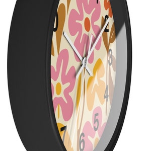 Tan and Pink Flower Clock, Pretty Floral Wall Clock, Abstract Art, Wall ...