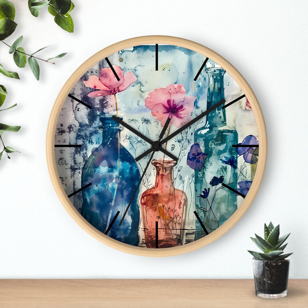 Flower Bottles Wall Clock Watercolor Flowers Clock Floral Clock ...