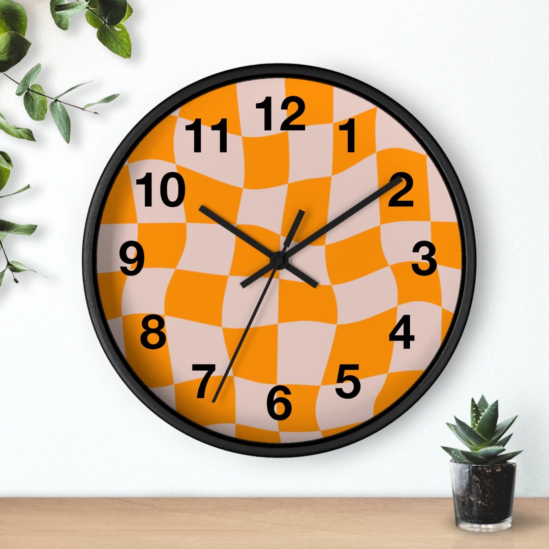 Orange Retro Clock, Orange Checkered Clock, Eclectic Wall Clock ...