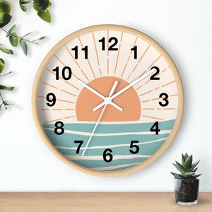 Retro Boho Clock, Bohemian Sunset Wall Clock, Retro Sunset, Summer ...