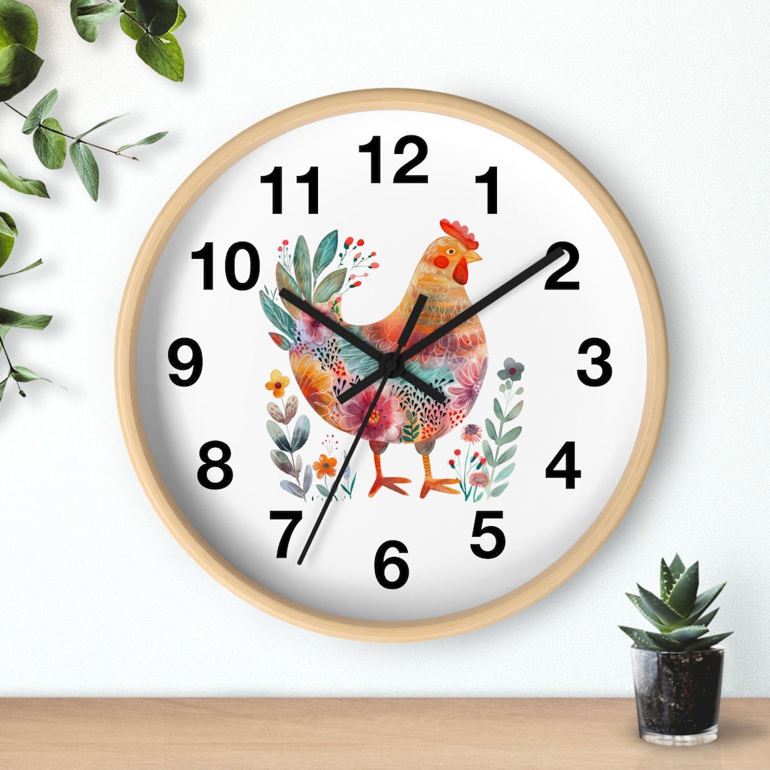 Chicken Wall Clock, Chicken Folk Art, Circular Clock, Numbered Clock ...