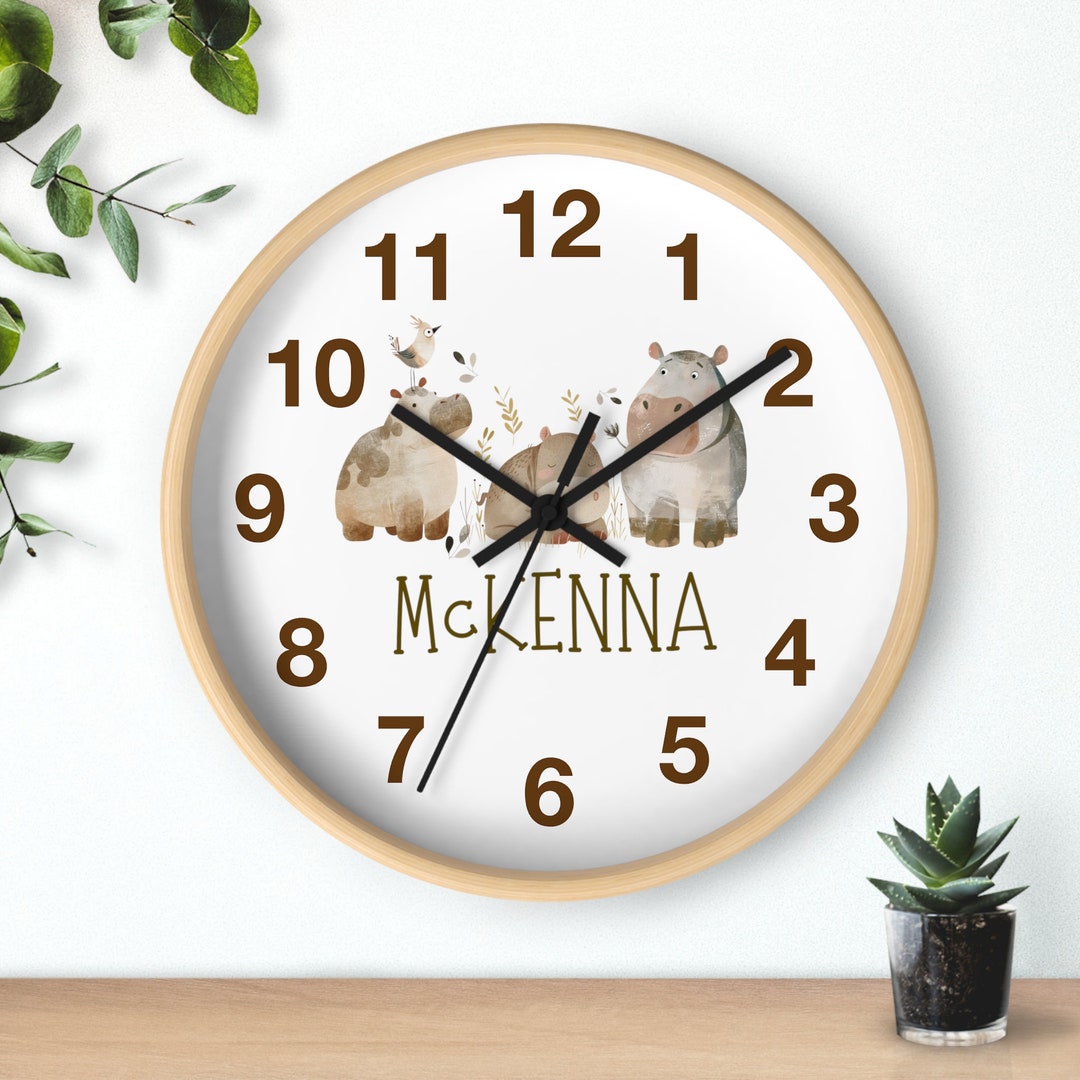 Personalised Clock, Baby Hippo Clock, Simple Wall Clock, Childs Space ...