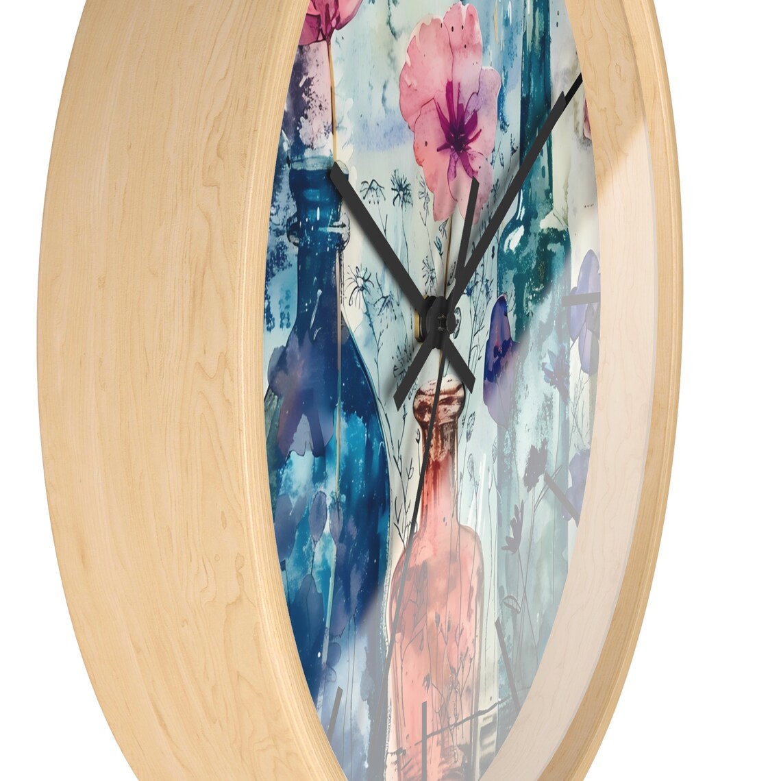Flower Bottles Wall Clock Watercolor Flowers Clock Floral Clock ...