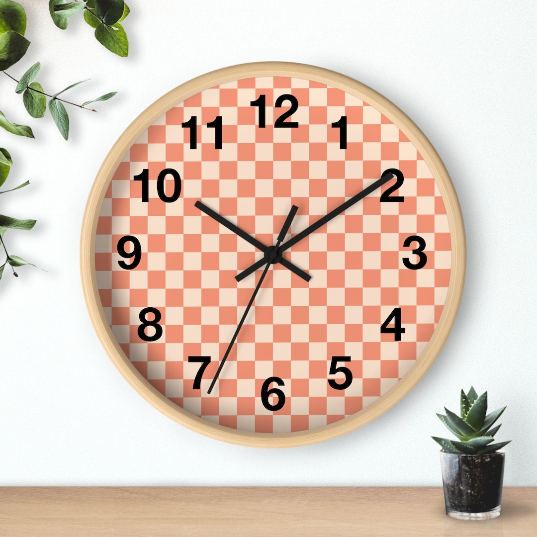 Orange Clock, Checker Board Clock, Retro Checkered Wall Clock, Circular ...