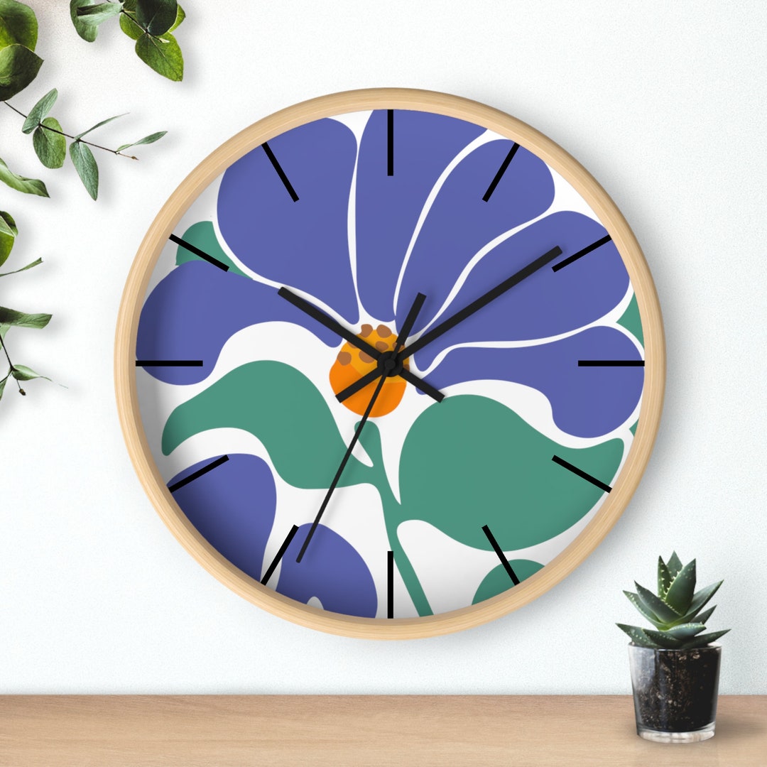 Blue Flower Clock Kitchen Wall Clock Floral Wall Art Flower Wall Decor ...