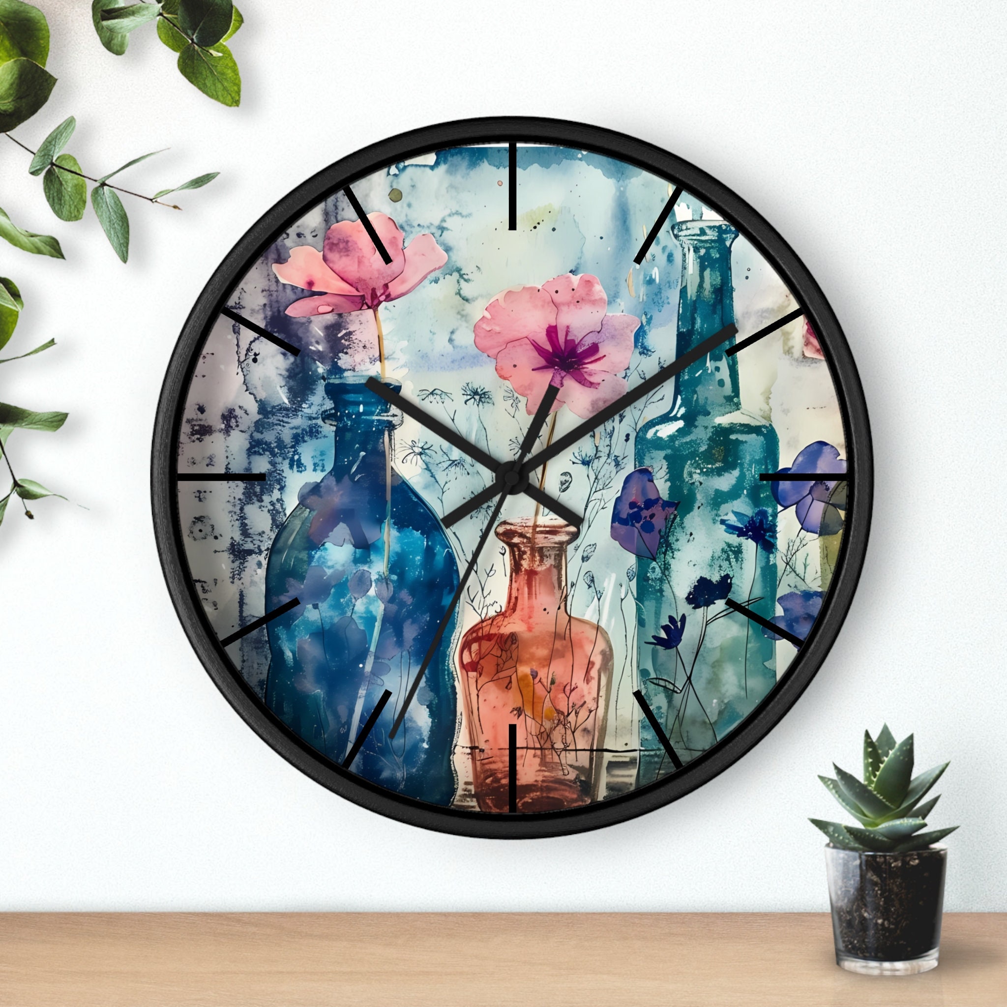 Flower Bottles Wall Clock Watercolor Flowers Clock Floral Clock ...