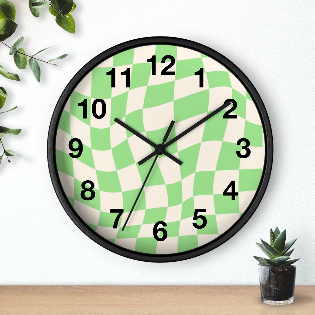 Green Retro Clock, Green Checkered Clock, Eclectic Wall Clock, Circular ...