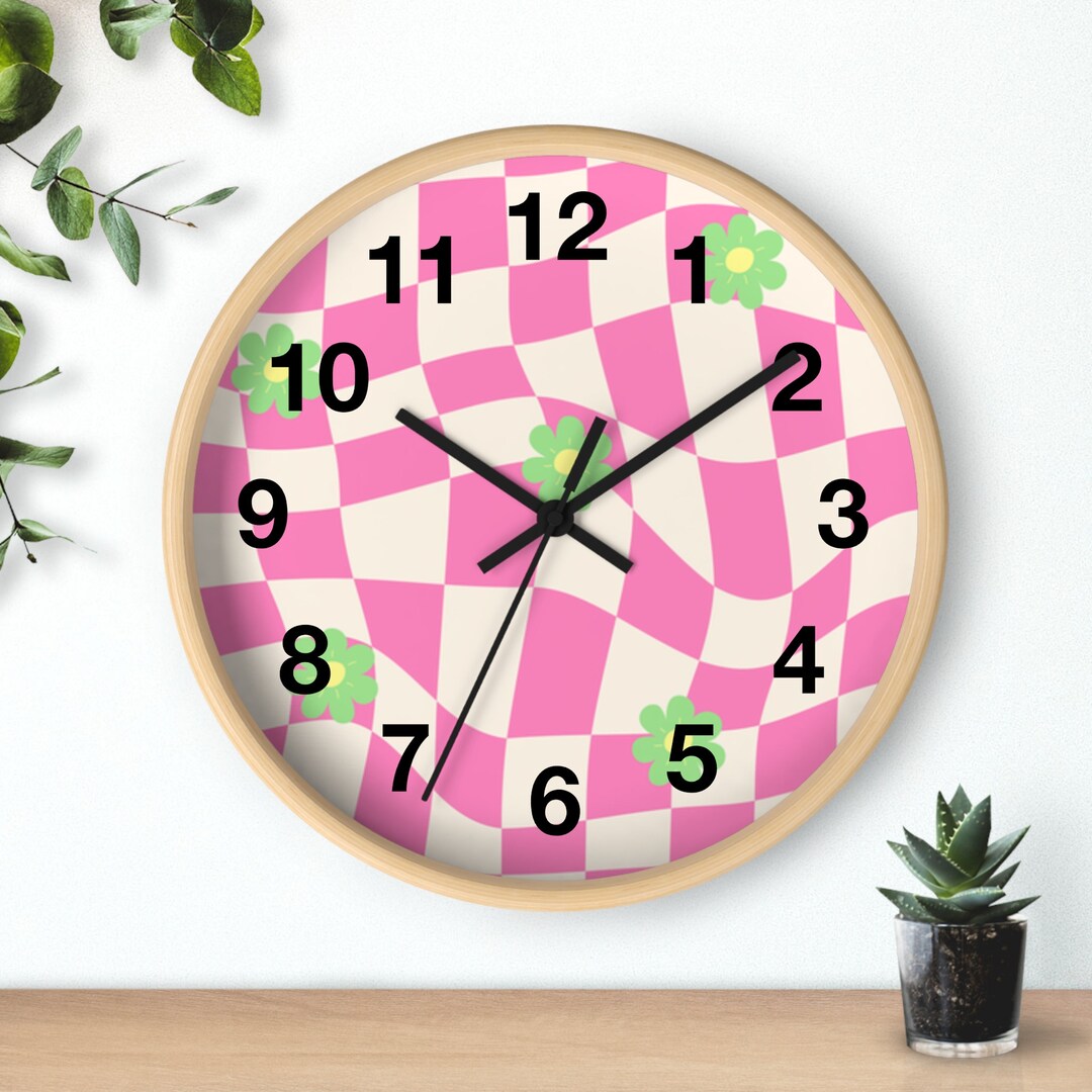 Bright Pink Checkered Wall Clock Retro Checker Print Clock for Girl ...