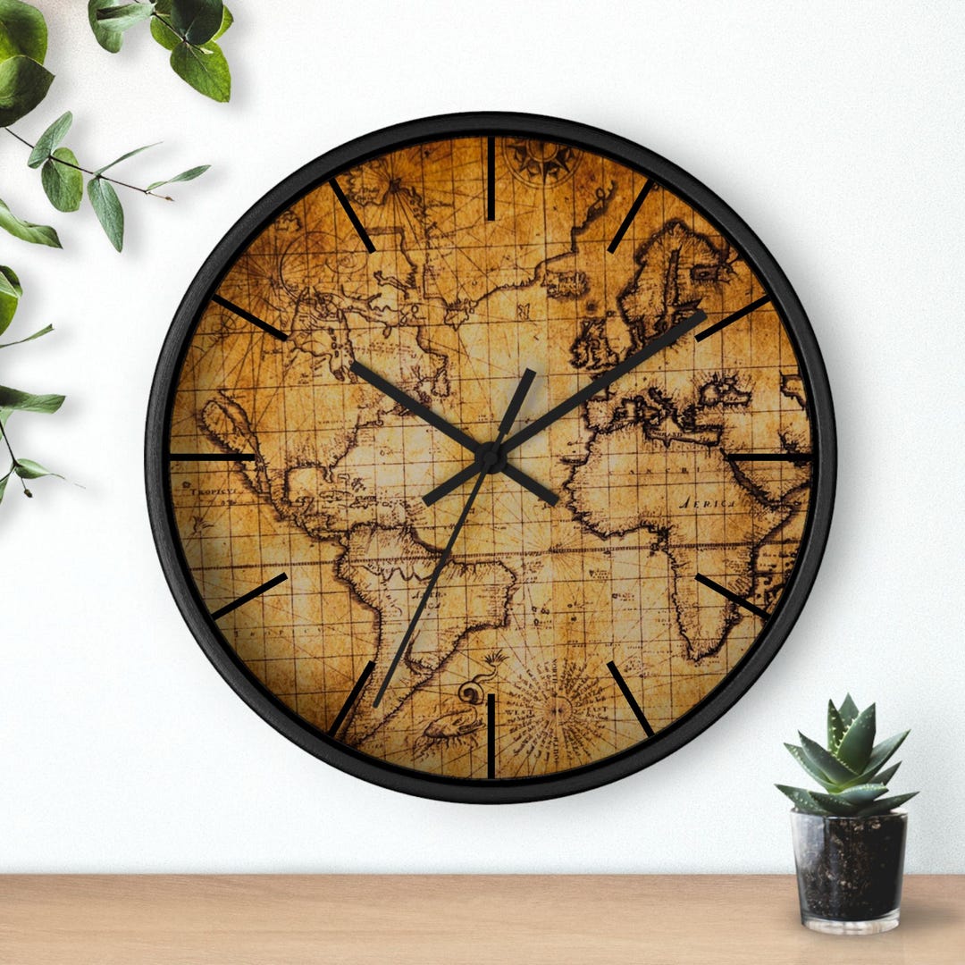 Vintage World Map Wall Clock Old World Map Distressed Contemporary ...