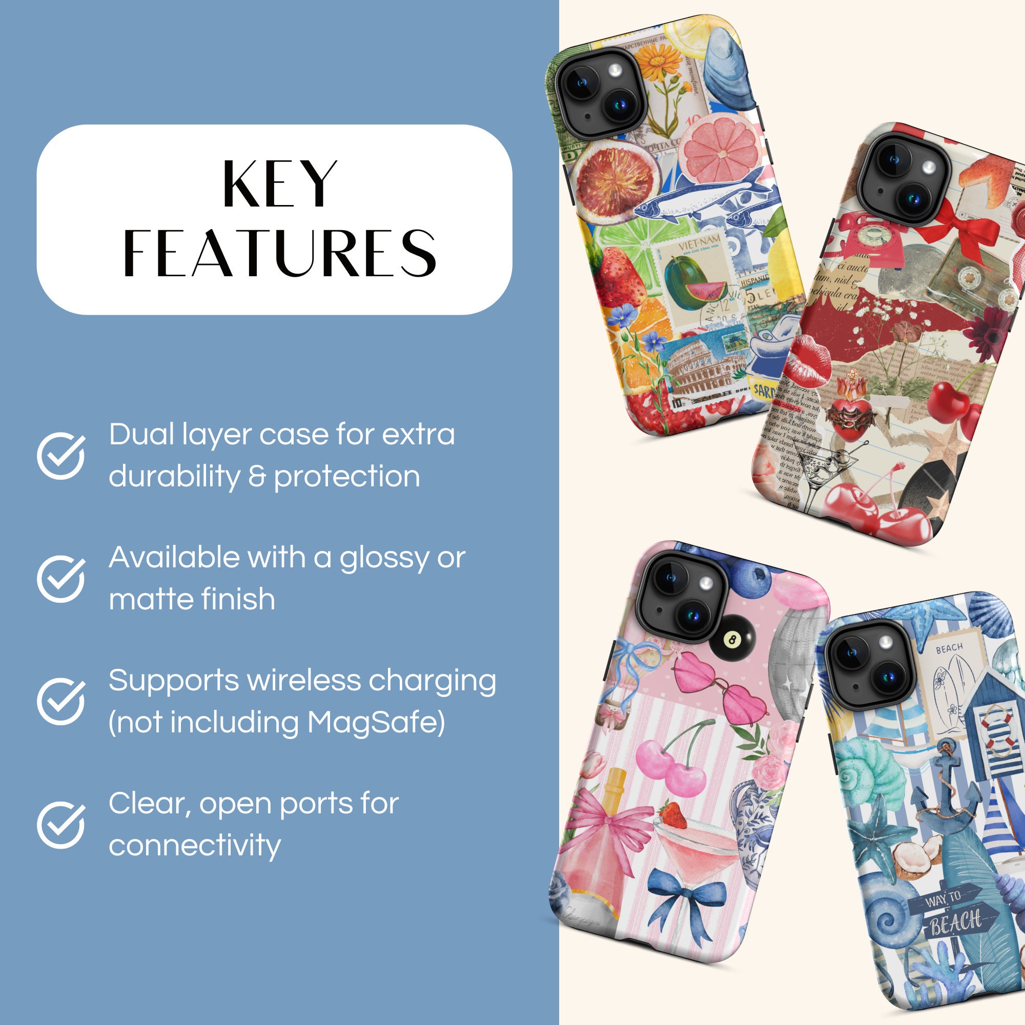 Vintage Mosaic Charms Fruits Phone Case, Art Cute, Summer Trendy iPhone ...