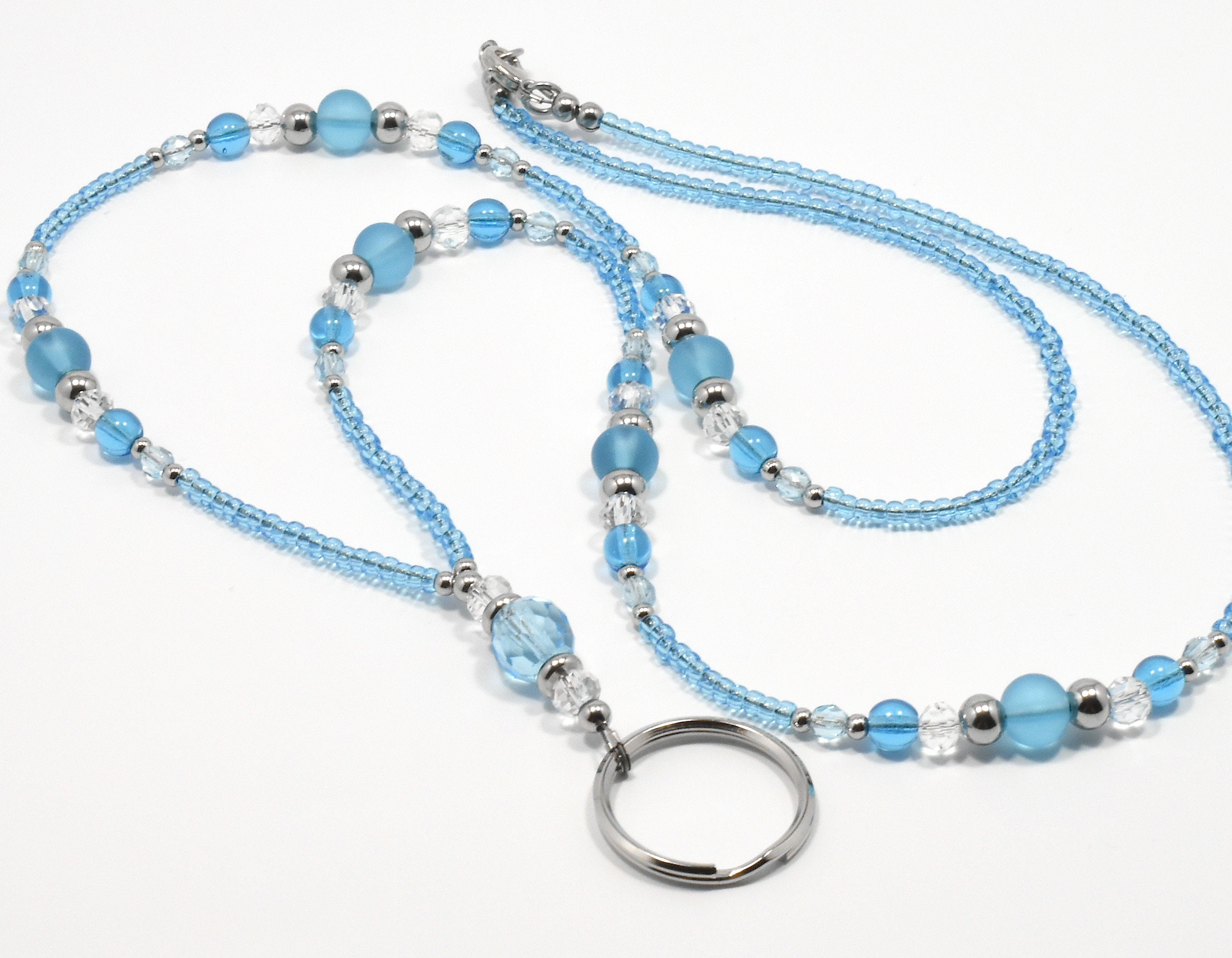 Blue Glass Beaded Lanyard Handmade ID Badge Holder With Magnetic Clasp ...