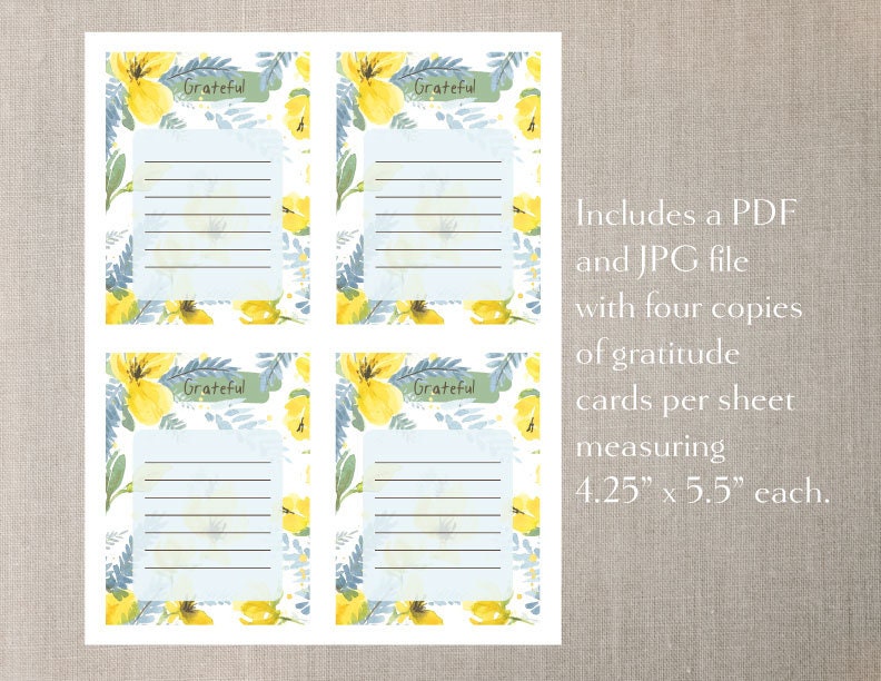 Printable Gratitude Cards With Watercolor Floral Illustrations Yellow ...