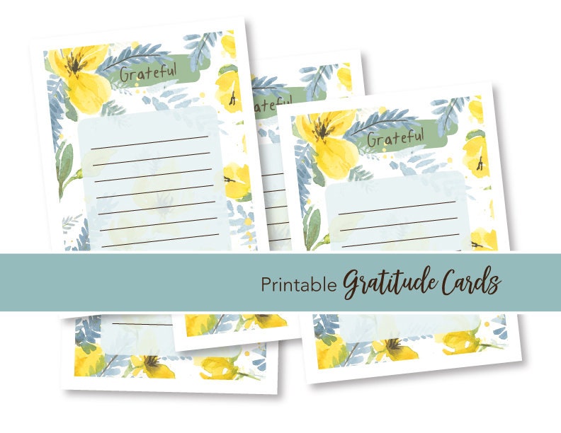 Printable Gratitude Cards With Watercolor Floral Illustrations Yellow ...