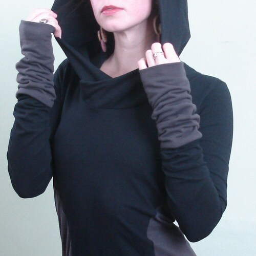 Extra Long Sleeved Hooded Tunic Dress Black Cement Color Block Etsy