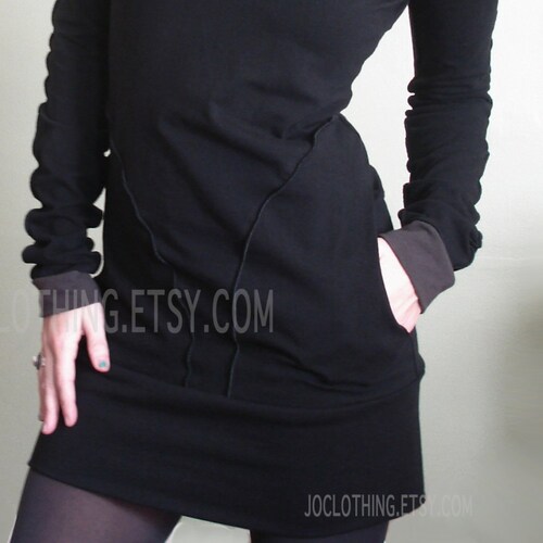 Hooded Tunic Dress With Pockets Black Cement Cuffs Etsy