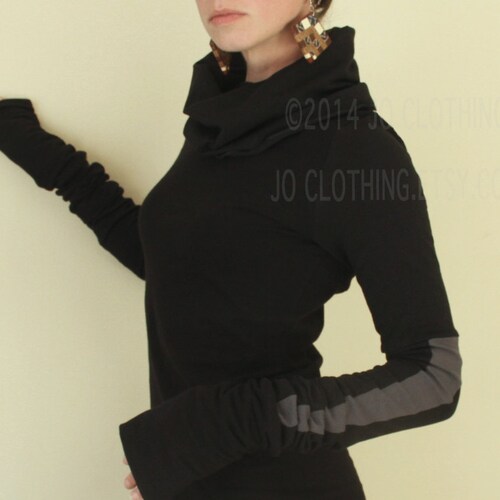 Extra Long Sleeved Hooded Tunic Dress Black Cement Color Block Etsy