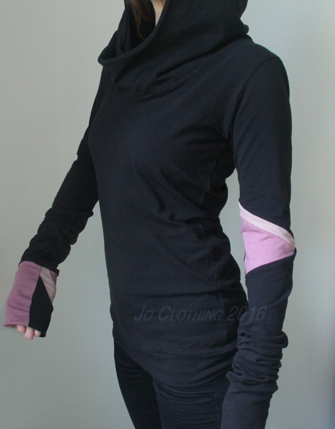 Hooded Top/ Extra Long Sleeves/ Black With Pink Color Block Details - Etsy