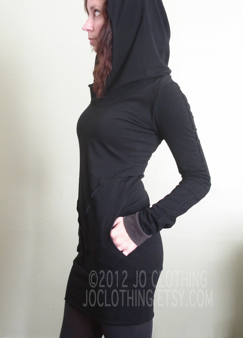 Hooded Tunic Dress With Pockets Black Cement Cuffs Etsy Uk