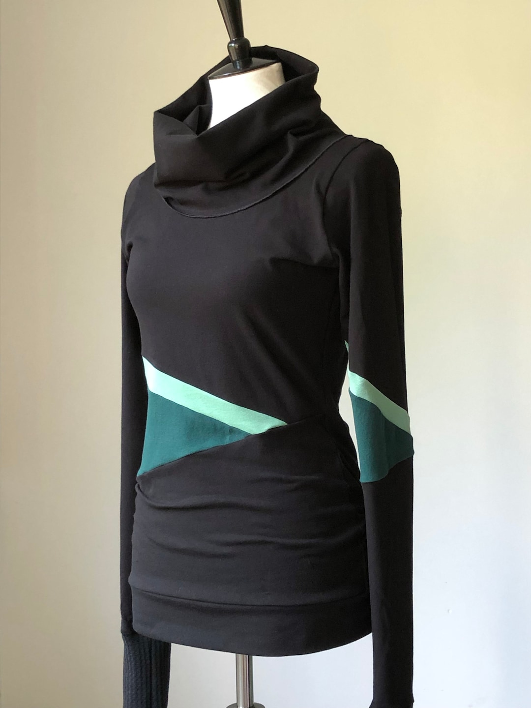 Extra Long Sleeved Cowl Top/black With Forest and Sage Green Details - Etsy