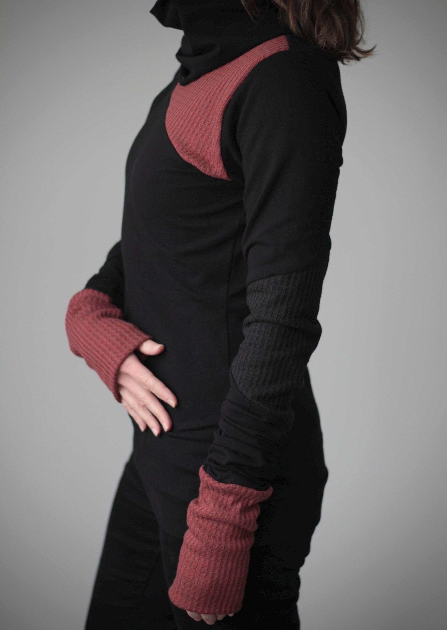 Black Cowl Neck Top: Extra Long Sleeves, Brick Red Waffle Knit - Etsy