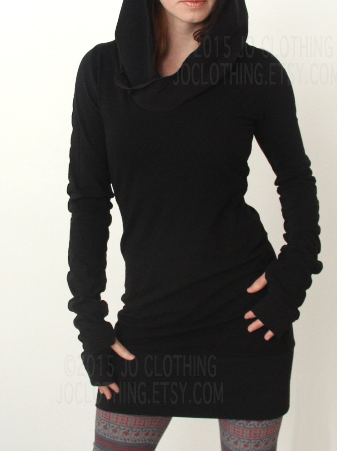 Hooded Tunic Dress With Thumb Hole Sleeves In Black The Original Etsy