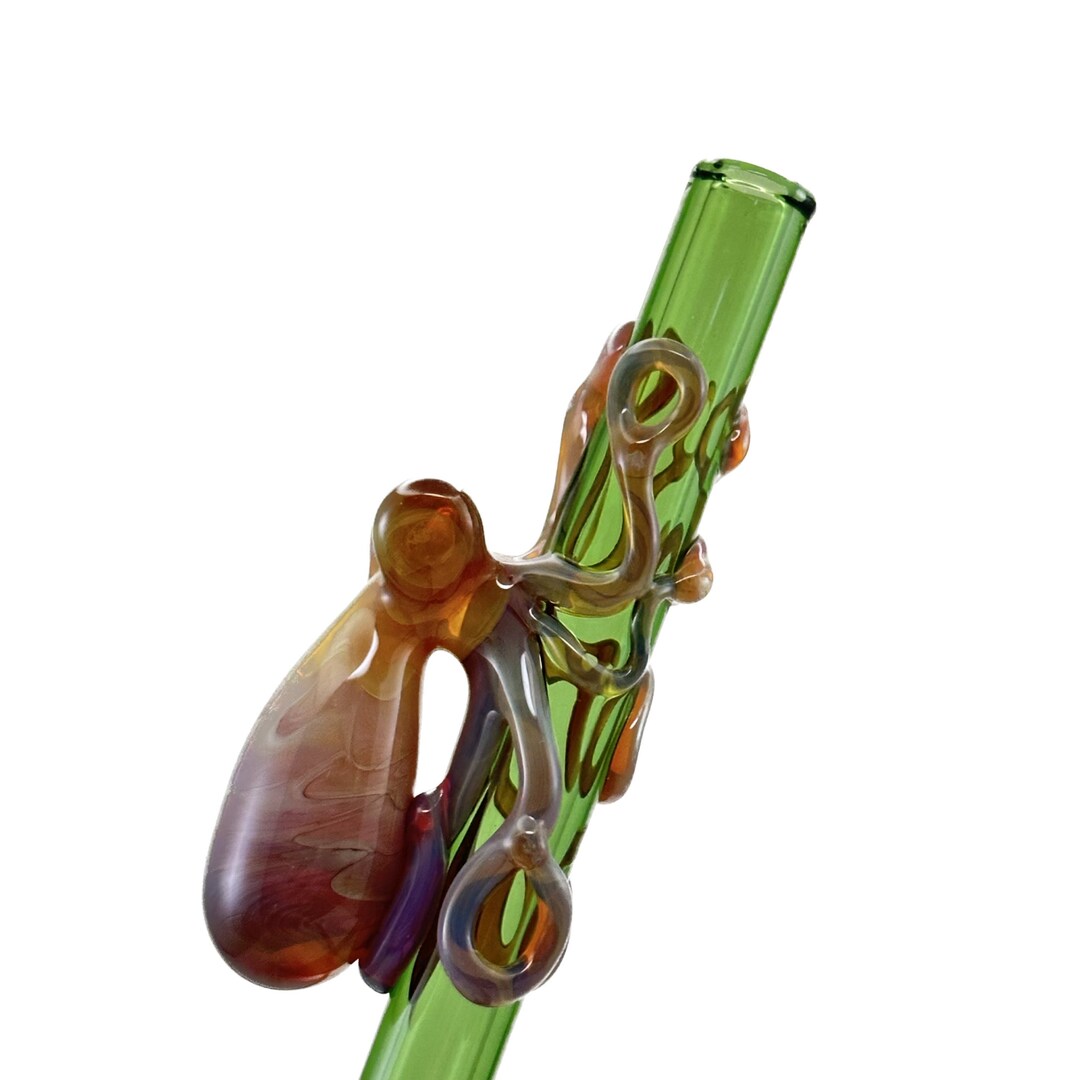Octopus Glass Straw. Triple Passion Octopus on a Emerald Green 9" Straw ...