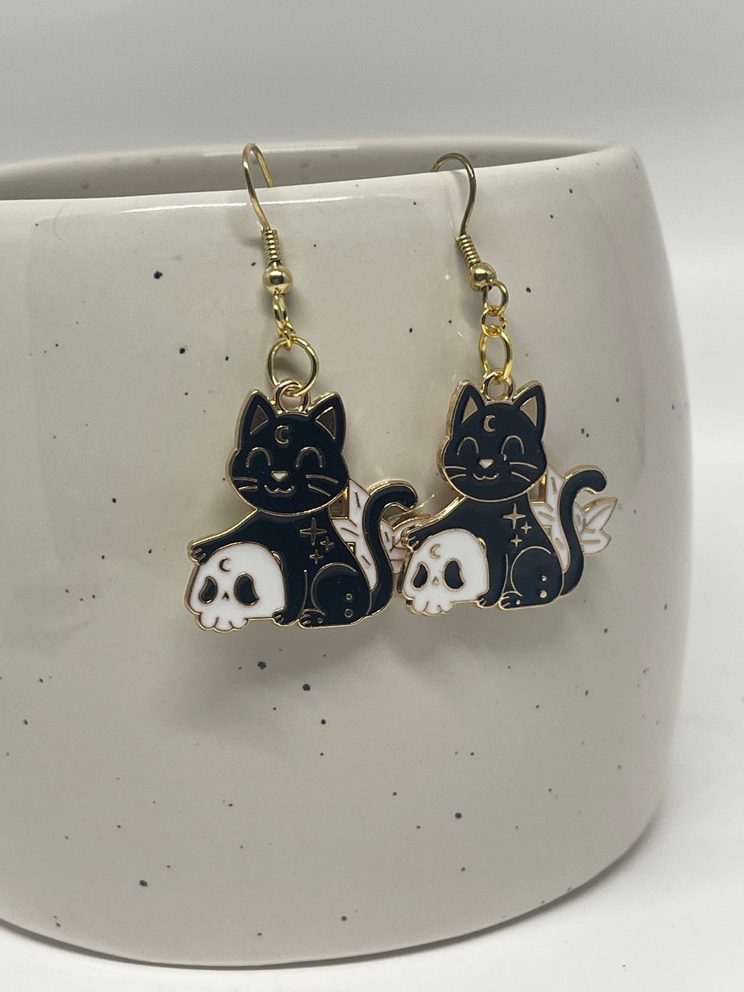 CUTE BLACK CAT Earrings, Black Cat and Skull Earrings, Gifts for Cat ...
