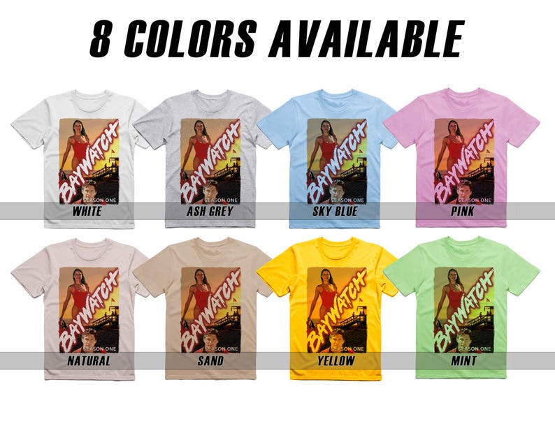 Baywatch V8-V14 Movie Poster Vintage Retro Print Natural Cotton T Shirt ...