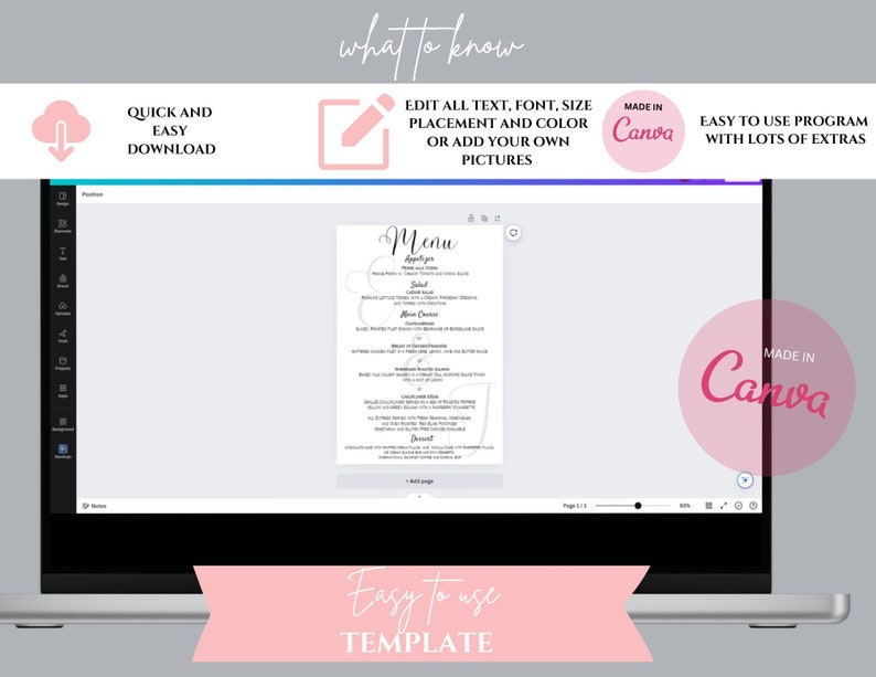 Wedding Menu Template 5x7 & 4x6,reception Dinner Menu Editable Instant ...