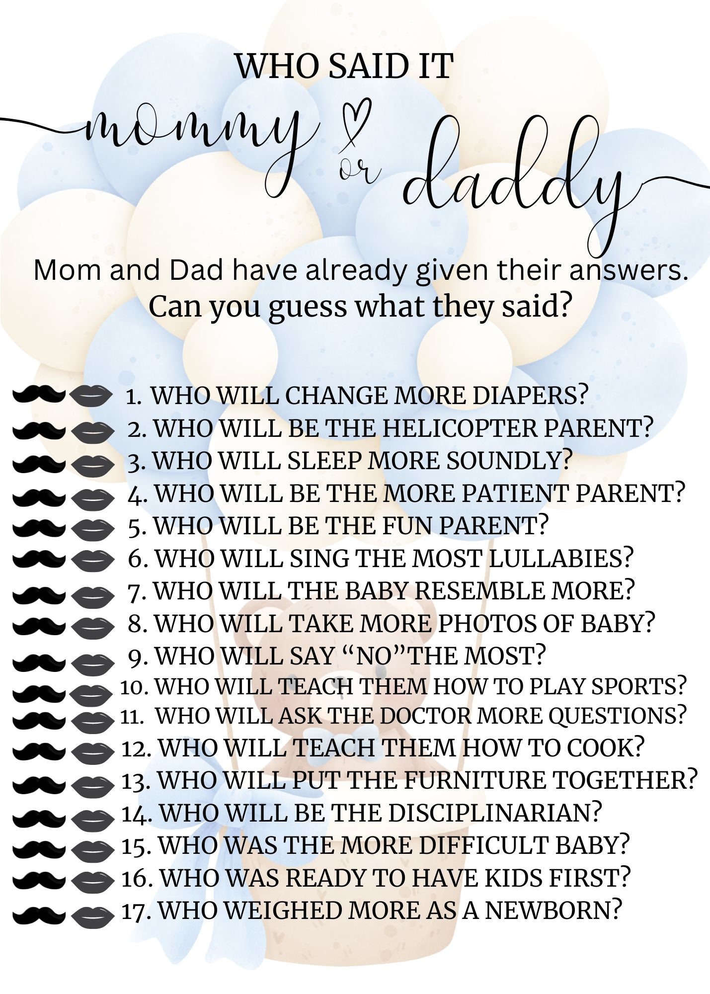 Mommy or Daddy Game, Printable Baby Shower Game, for a Boy Theme Baby ...