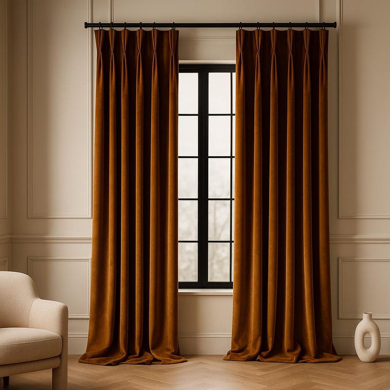 Double Pinch Pleat Copper Velvet Curtain for Living Room, Custom Made ...