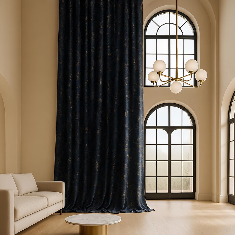 Luxury Extra Long Black Velvet Curtains With Gold Accents, High Ceiling ...