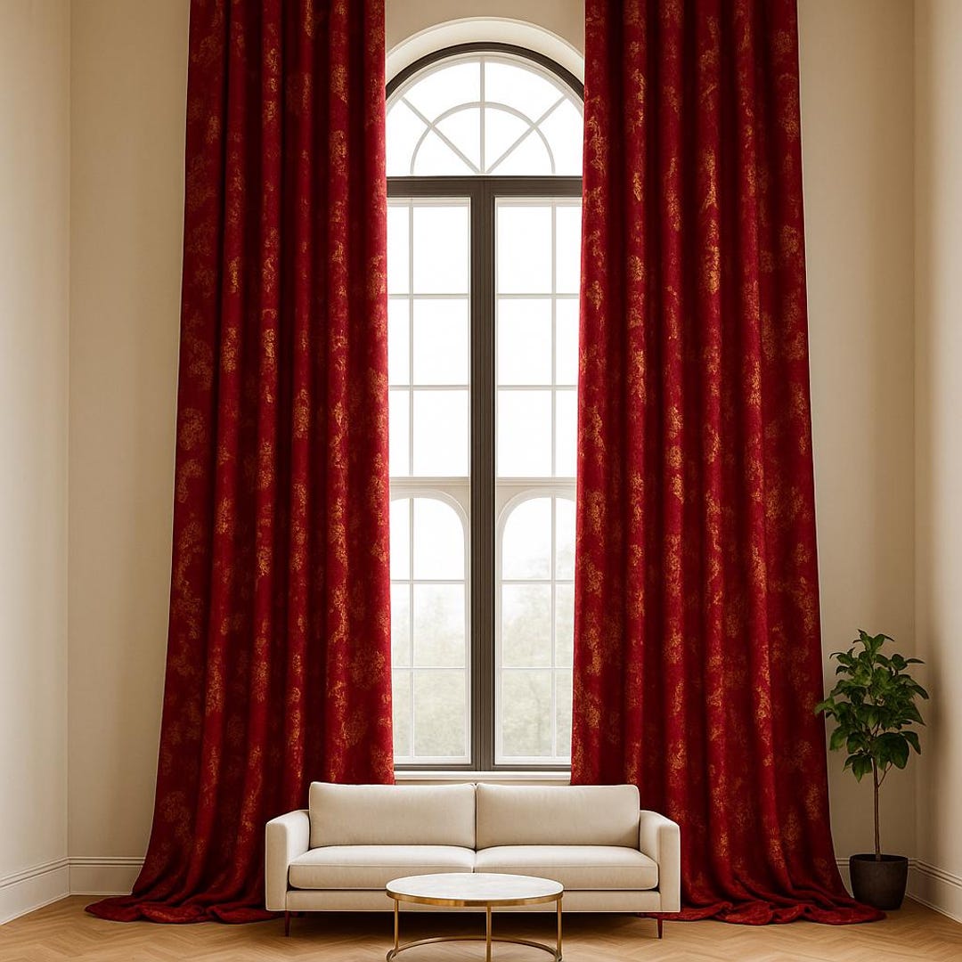 Luxury Extra Long Dark Red Curtains With Gold Accents, High Ceiling ...